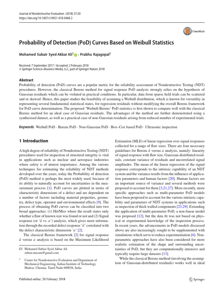 Probability of Detection (PoD) Curves Based On Weibull Statistics | PDF