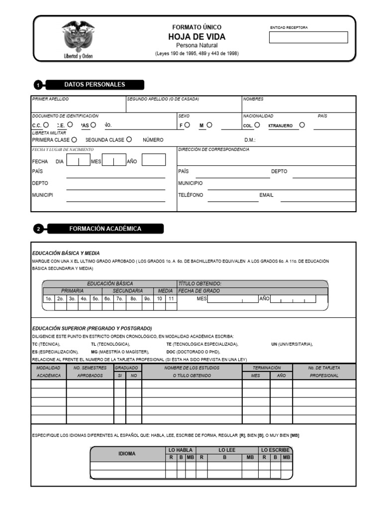 Formato Hoja De Vida Unico Descargar Gratis Pdf Servicio Civil