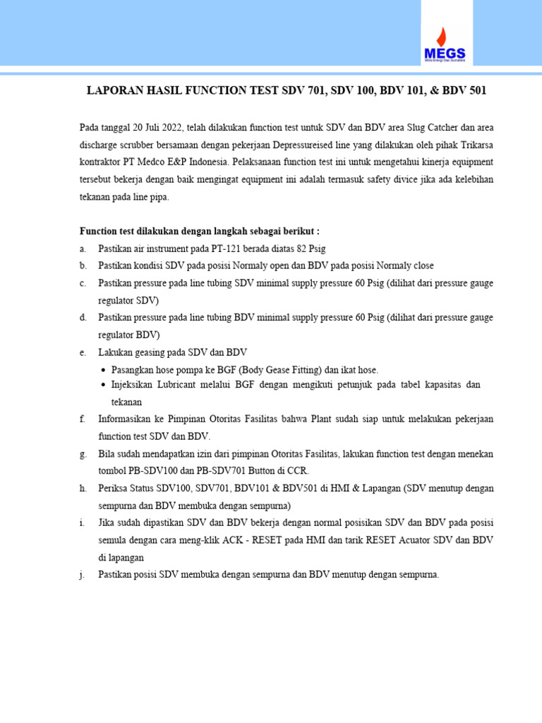 Laporan Hasil Function Test SDV & BDV 20 Juli 2022 | PDF
