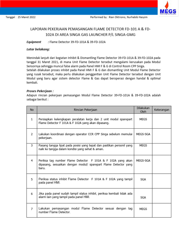 Laporan Pekerjaan Pemasangan Flame Detector FD-101 A Dan Fd-102a Di Area Singa Gas Launcher PL ...