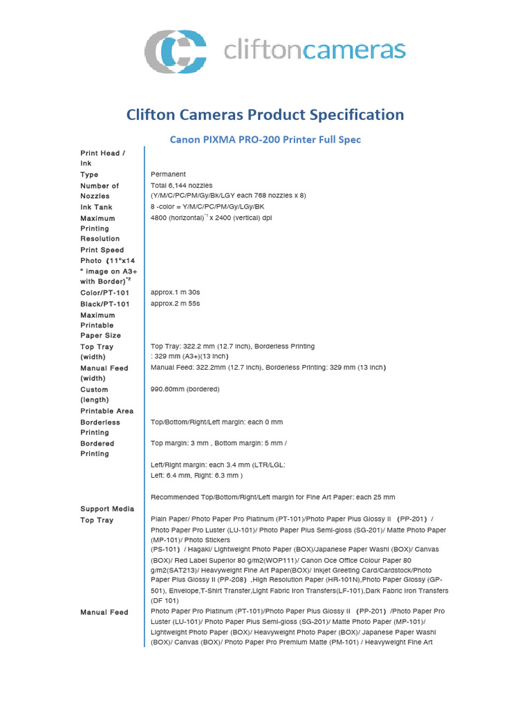 Canon PIXMA PRO-200 Printer Specs | PDF | Home & Garden | Computers