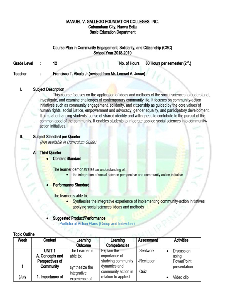 Course Plan Community Engagement | PDF