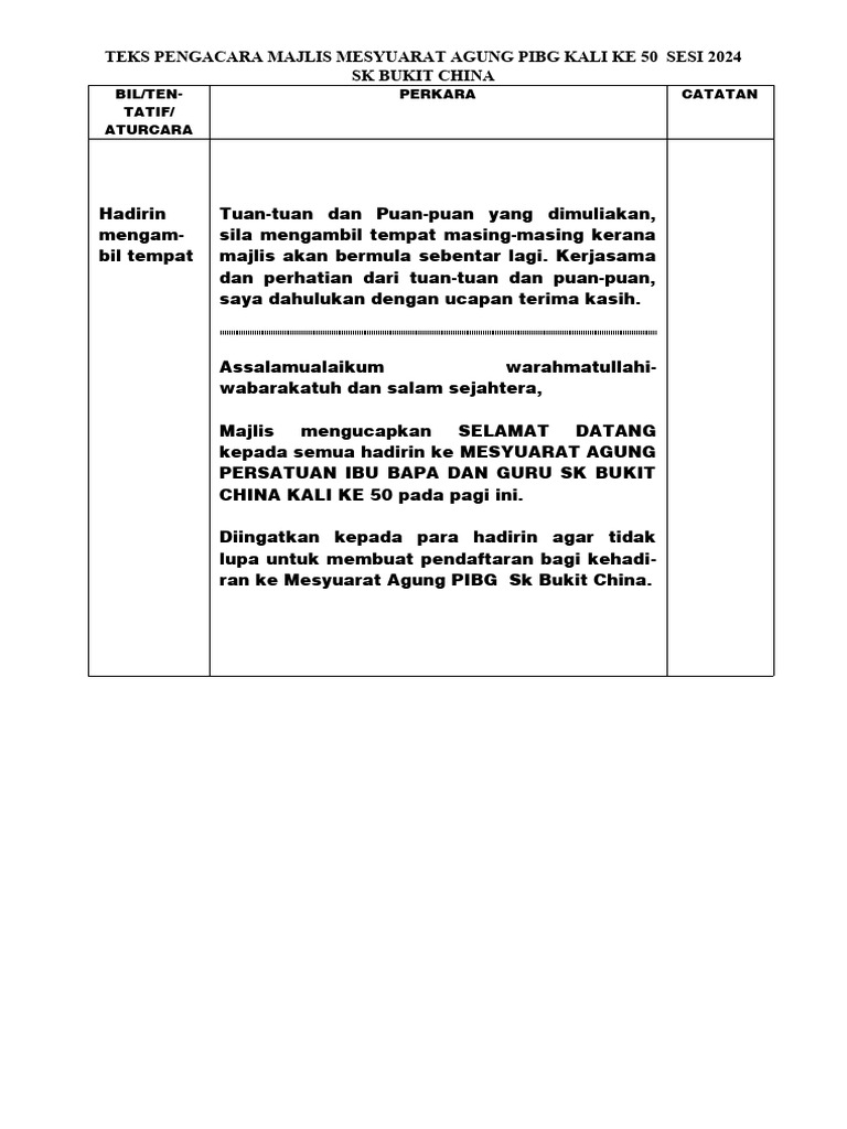 Teks MC Mesyuarat Agung PIBG 2024 | PDF