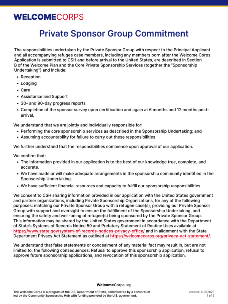 Private Sponsor Group Commitment Welcome Corps | PDF