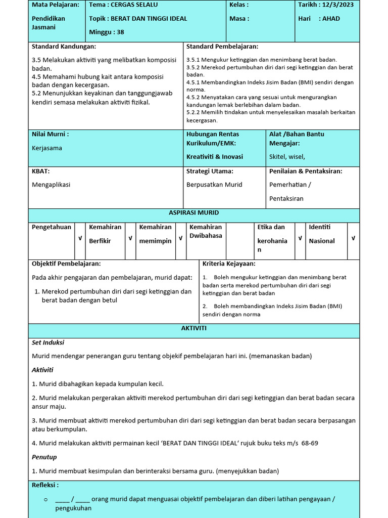 RPH PJ Tahun 5 2023 m38 at Aras | PDF