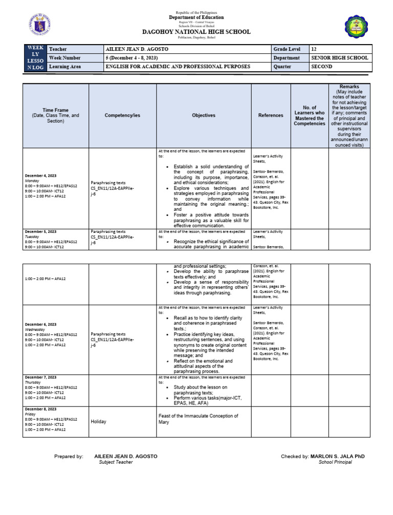 Week 5 Lesson Log in EAPP | PDF