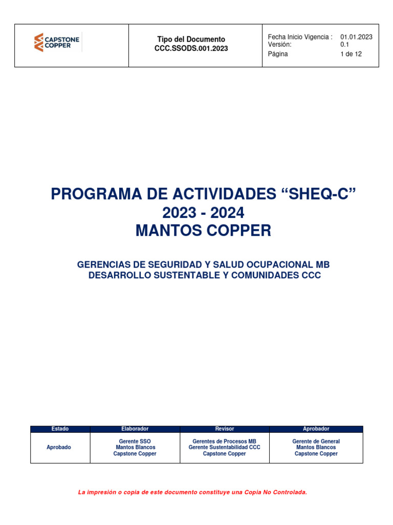 Plan SHEQ-C Mantos Copper 2023 - 2024 - Mantos Copper Revfinal V7 | PDF