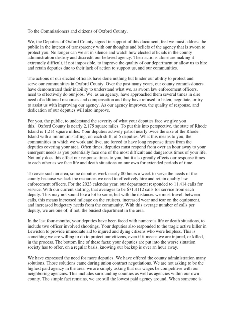 Letter From Oxford County Deputies | PDF