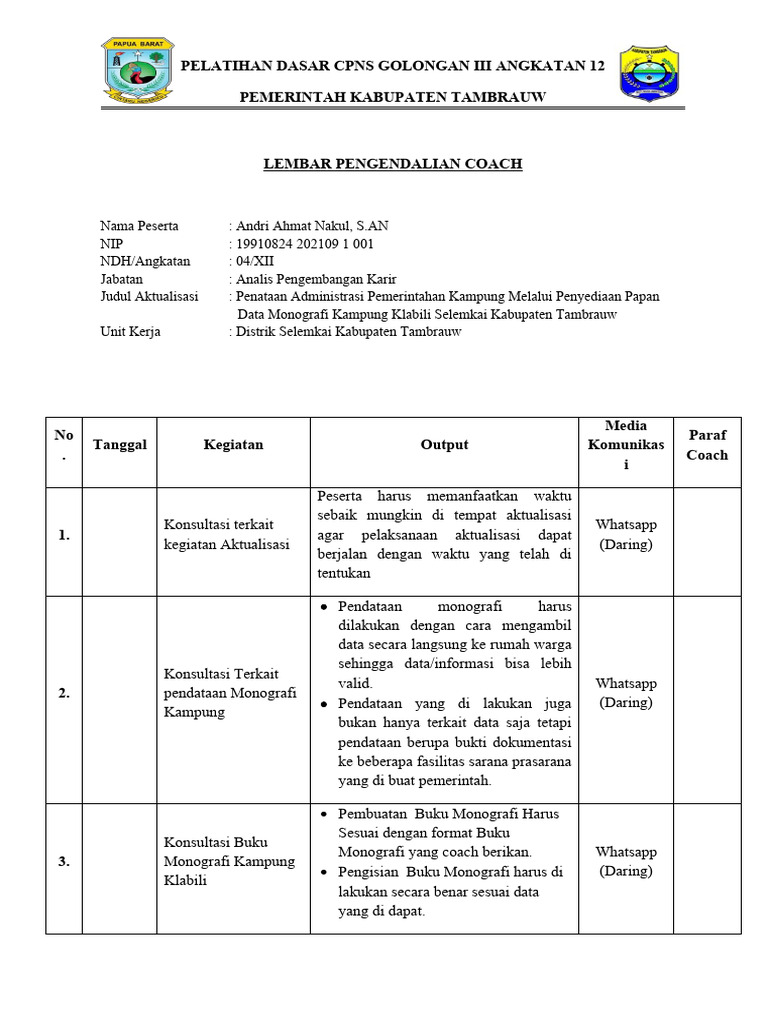 Lembar Pengendalian Coach Dan Mentor | PDF