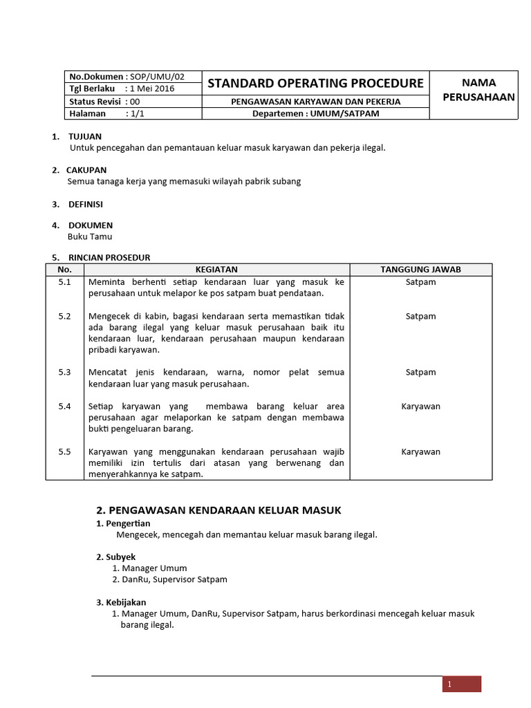 SOP Pengawasan Kendaraan Keluar Masuk | PDF SOP Pengawasan Kendaraan Keluar Masuk | PDF