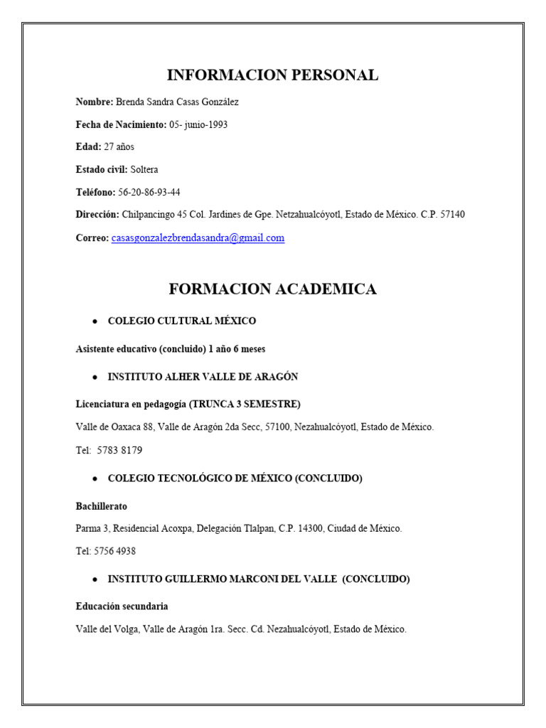 Curriculum Brenda Sandra Casas Gonzalez 1 | PDF | Gestión de recursos ...