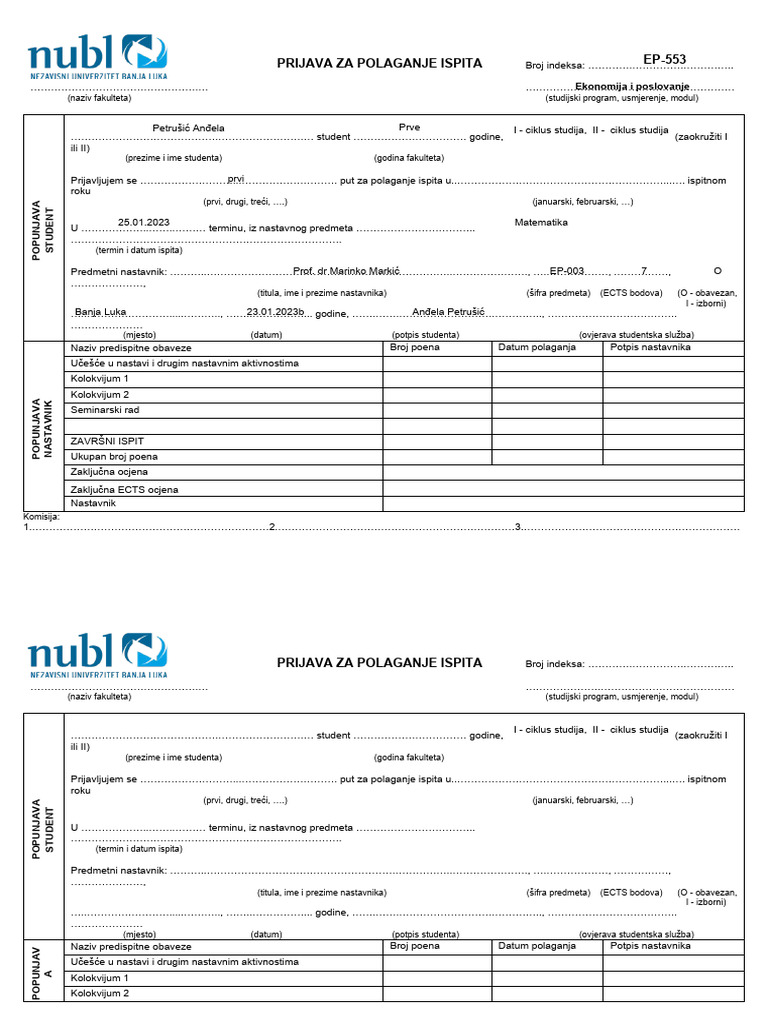 Prijava Za Ispit Matematika | PDF