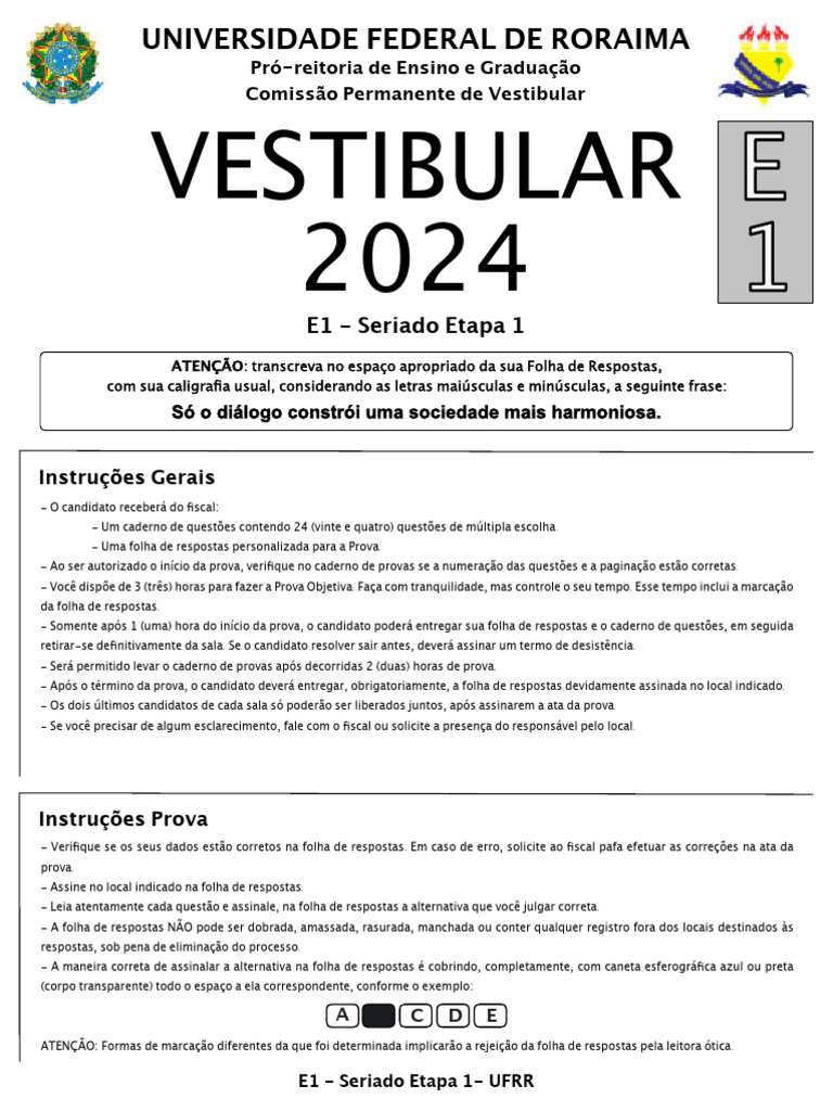 CADERNOS DE PROVA Vestibular 2024 - E1 | PDF