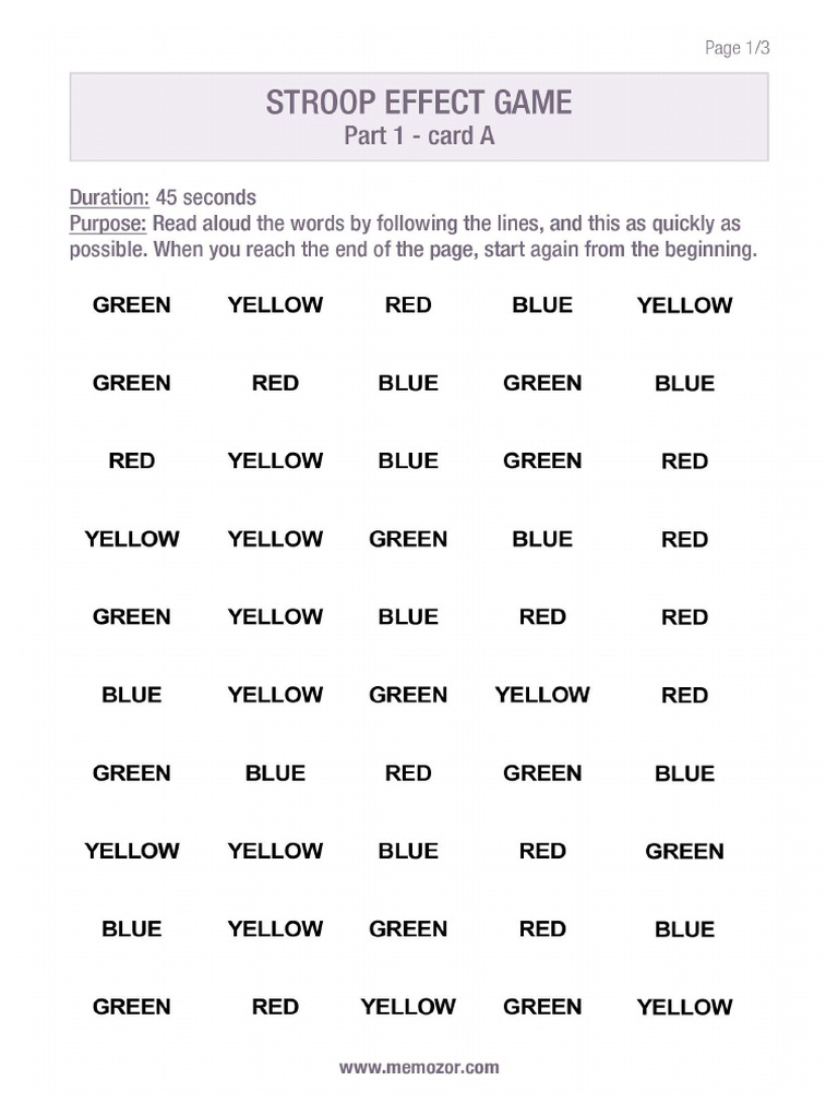 Stroop Effect Game Printable | PDF
