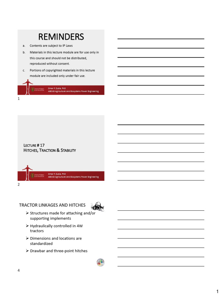 ABE 63 Lecture - 17 Traction, Hitches and Stability | PDF