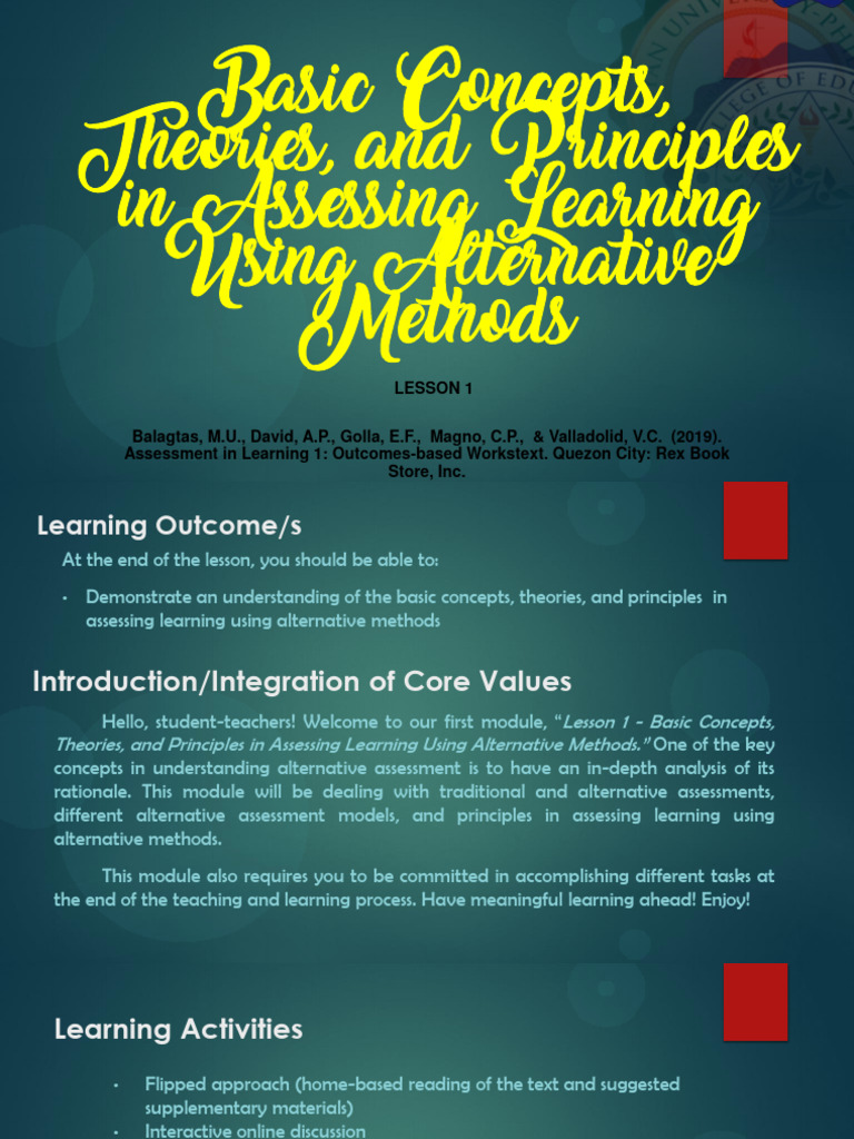 Lesson 1 Basic Concepts Theories and Principles in Assessmen Using Althernative Methods | PDF ...