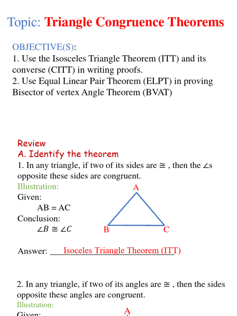 Triangle Congruence Theorems Applications of ITT and CITT | PDF | Triangle | Euclidean Plane ...