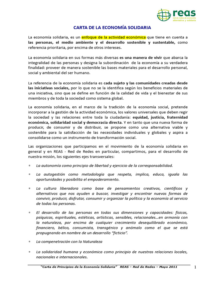 Carta Economia Solidaria Reas | PDF