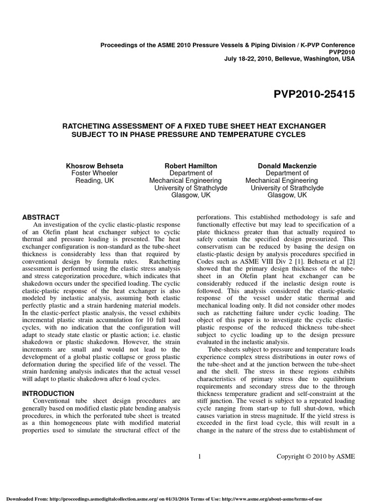 Ratcheting Assessment of A Fixed Tube Sheet Heat Exchanger Subject To ...