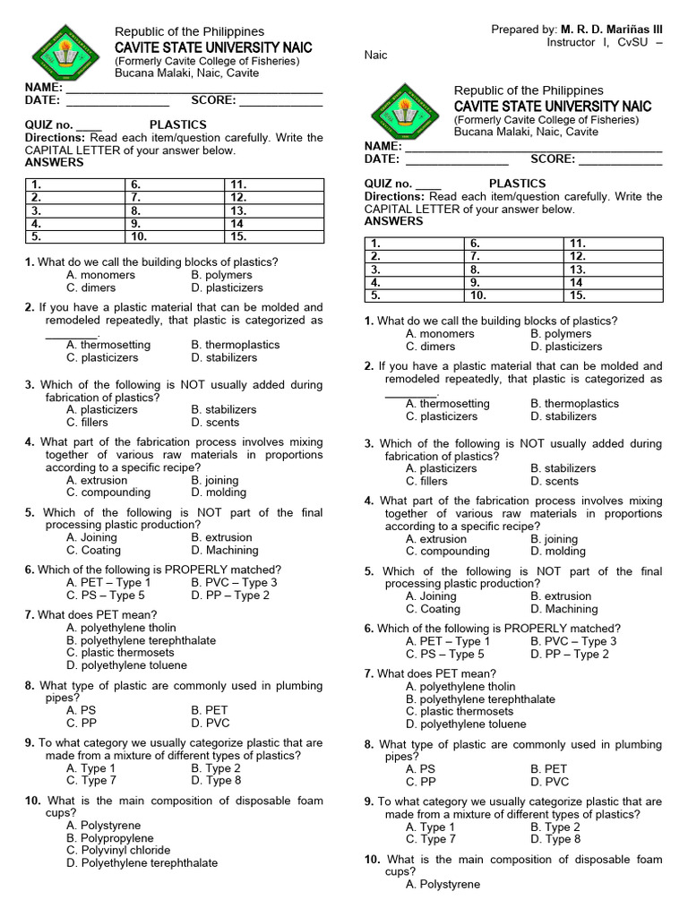 Q3 - Env - Plastic Quiz | Download Free PDF | Plastic | Polyethylene