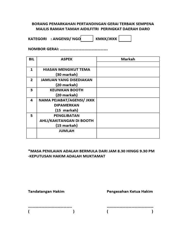 Borang Pemarkahan Pertandingan Gerai Komuniti Semp | PDF