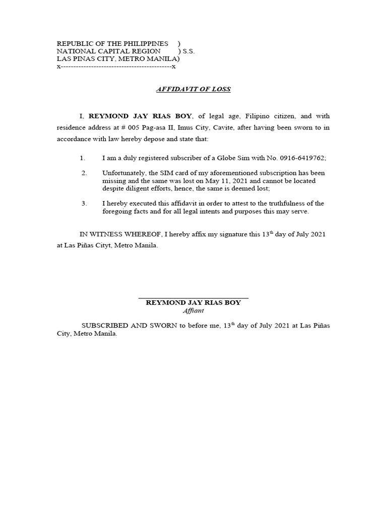 Affidavit of Loss Globe Sim | PDF Affidavit of Loss Globe Sim | PDF