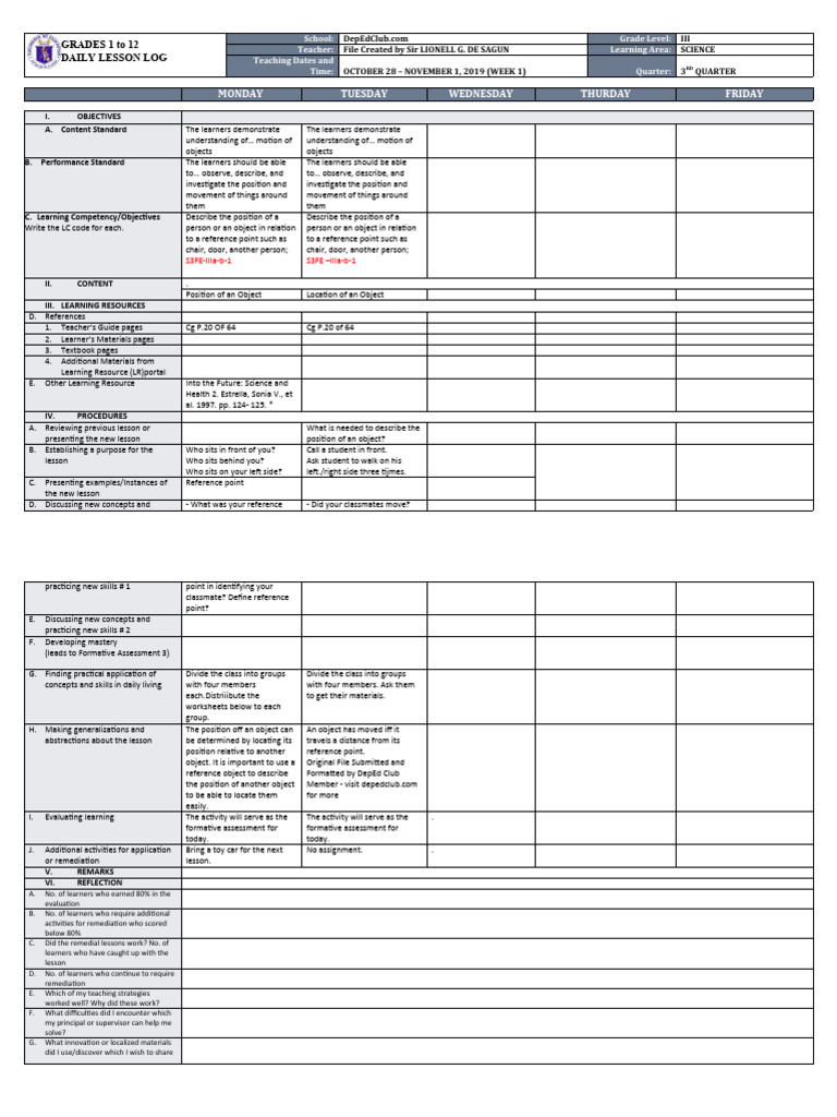 DLL - Science 3 - Q3 - W1 | PDF