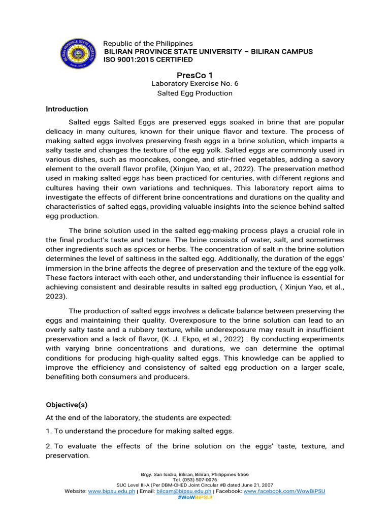Salted Egg Production Lab Report | PDF | Wellness