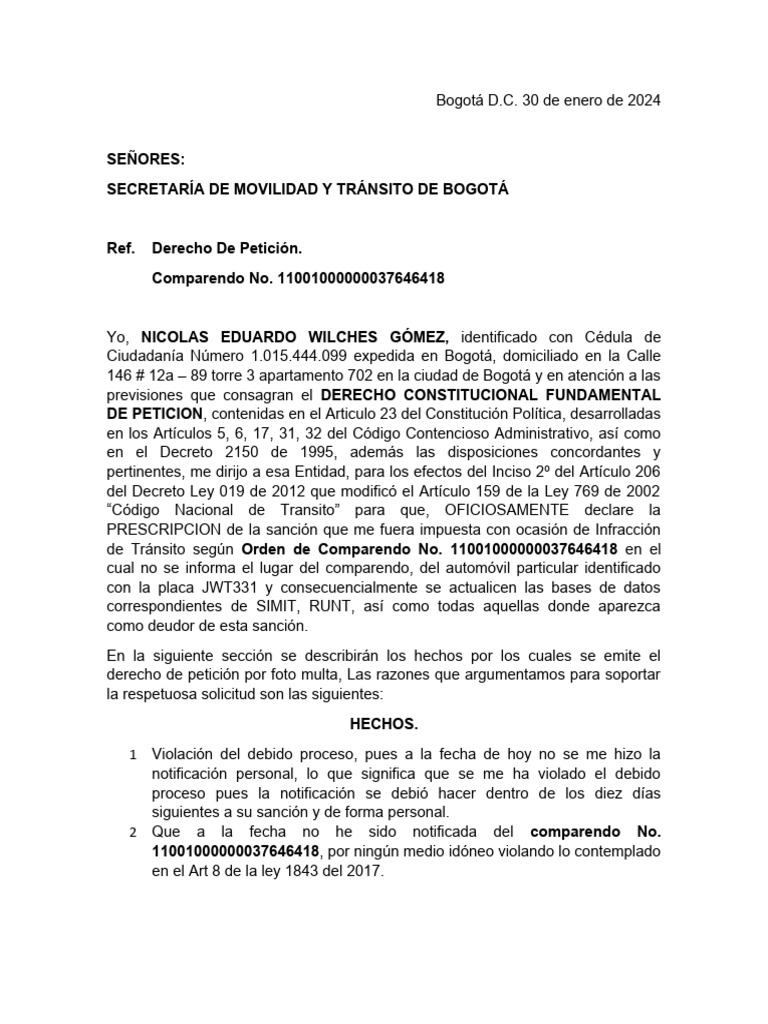 Derecho de Petición Indebida Notificación | PDF | Petición | Bogotá