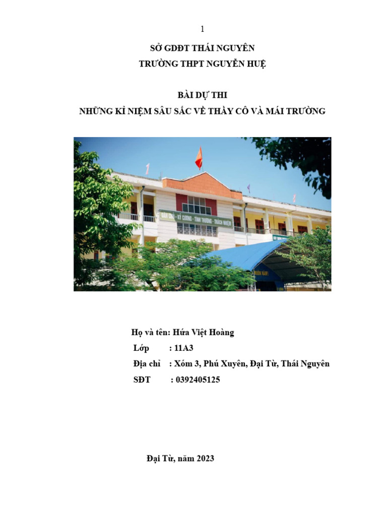 Bài Dự Thi Những Kỷ Niệm Sâu Sắc Về Thầy Cô Mái Trường- Hứa Việt Hoàng 11a3 | PDF