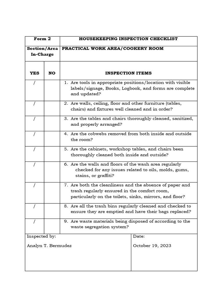 Housekeeping Inspection Checklist | PDF | Home & Garden