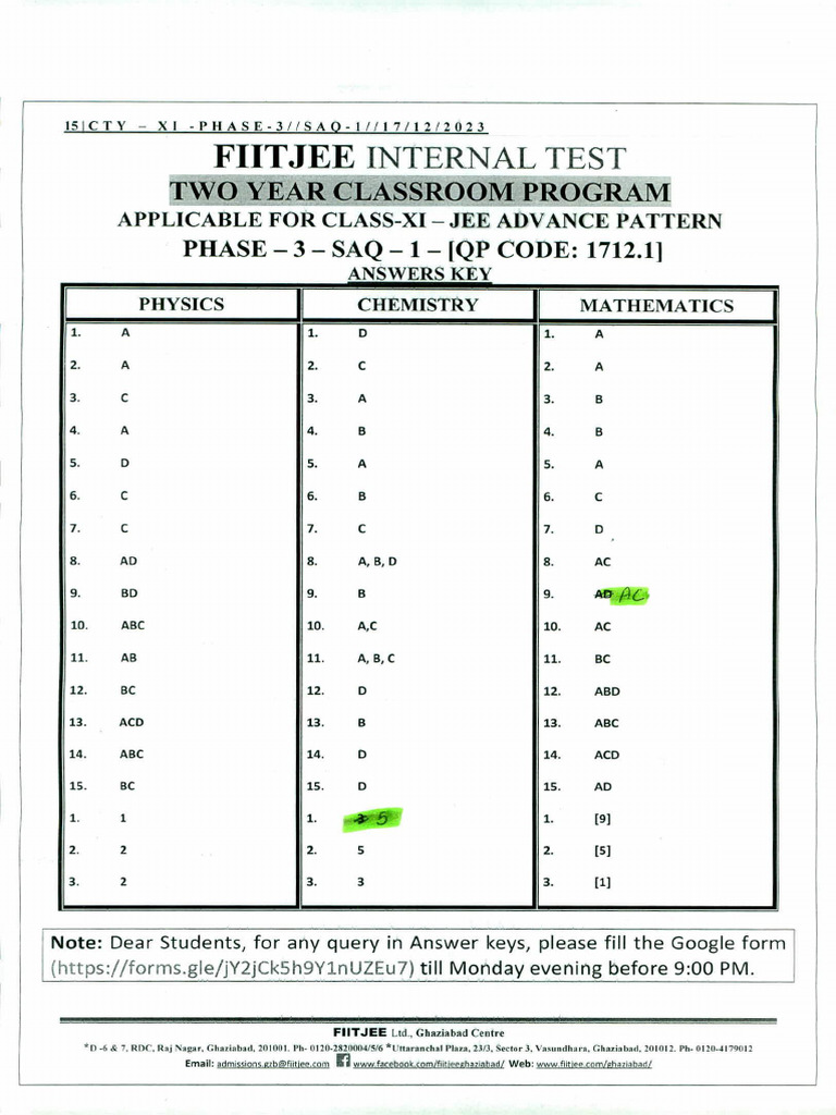 Answerkey - SAQ-1 - 11th A Lot | PDF