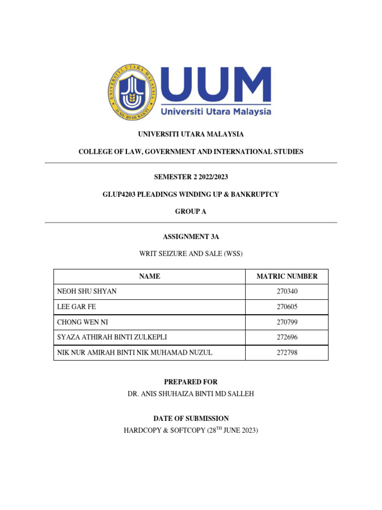 Latest - Assignment 3a (Lee & Partners) - Writ Seizure and Sale (WSS ...