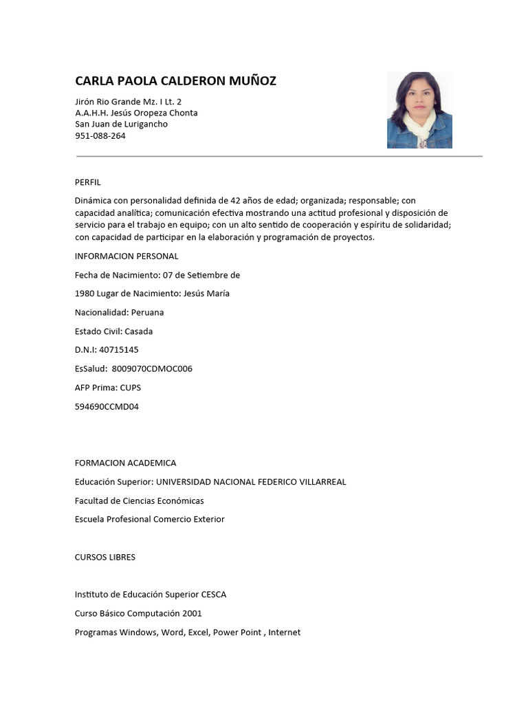 CARLA PAOLA CALDERON MUÑOZ cv | PDF | Perú