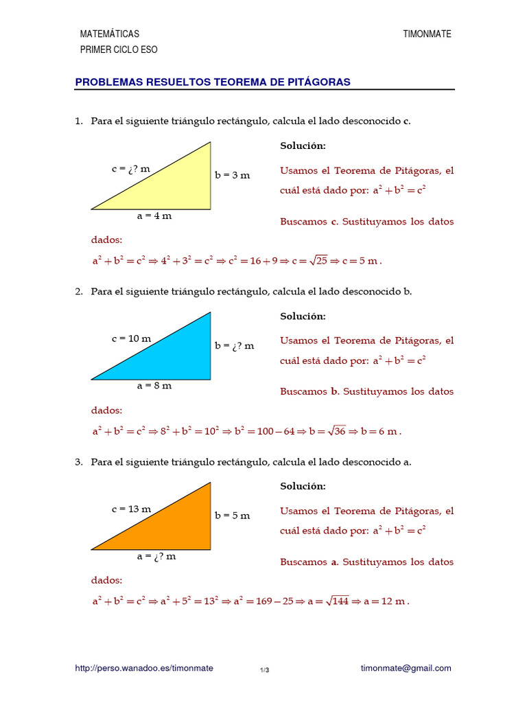 Problemas Resueltos de Pitágoras ESO | PDF | Triángulo | Formas geométricas