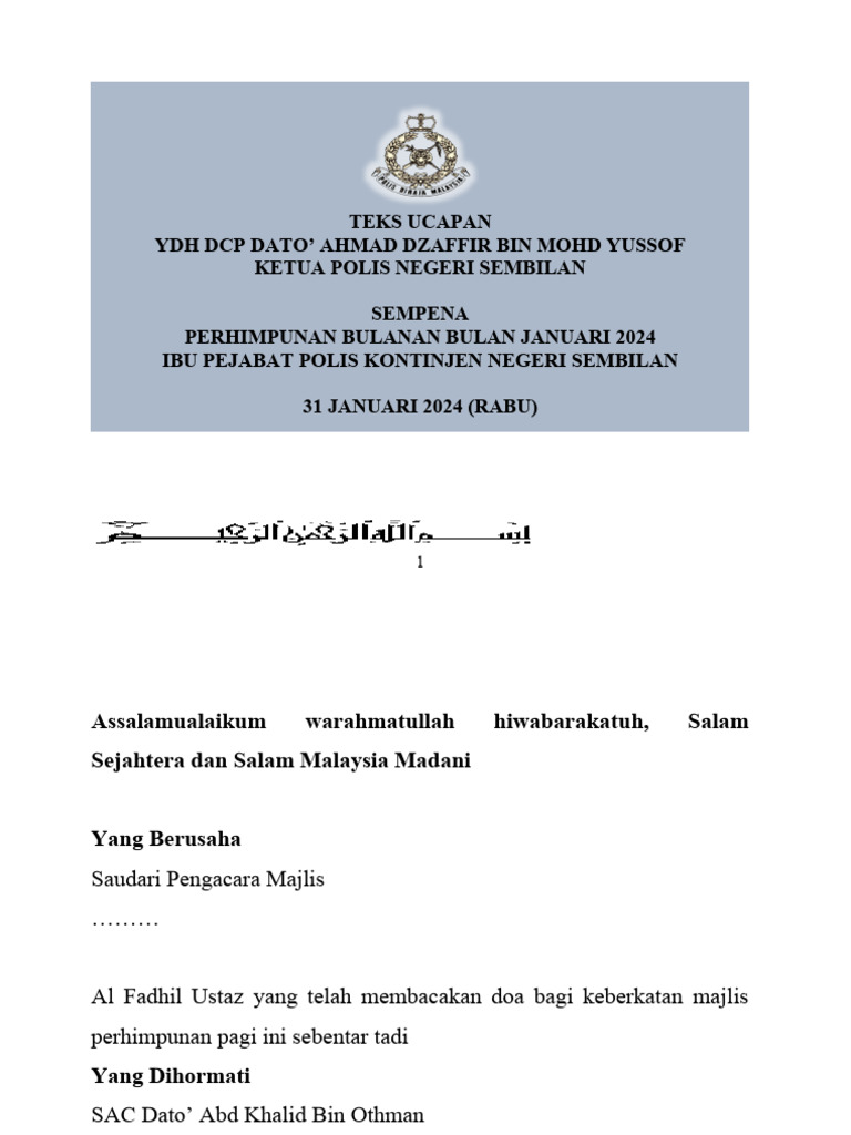 Teks Ucapan Perhimpunan Bulanan Bagi Bulan Januari 2024 | PDF | Bisnis | Pengelolaan Keuangan & Uang