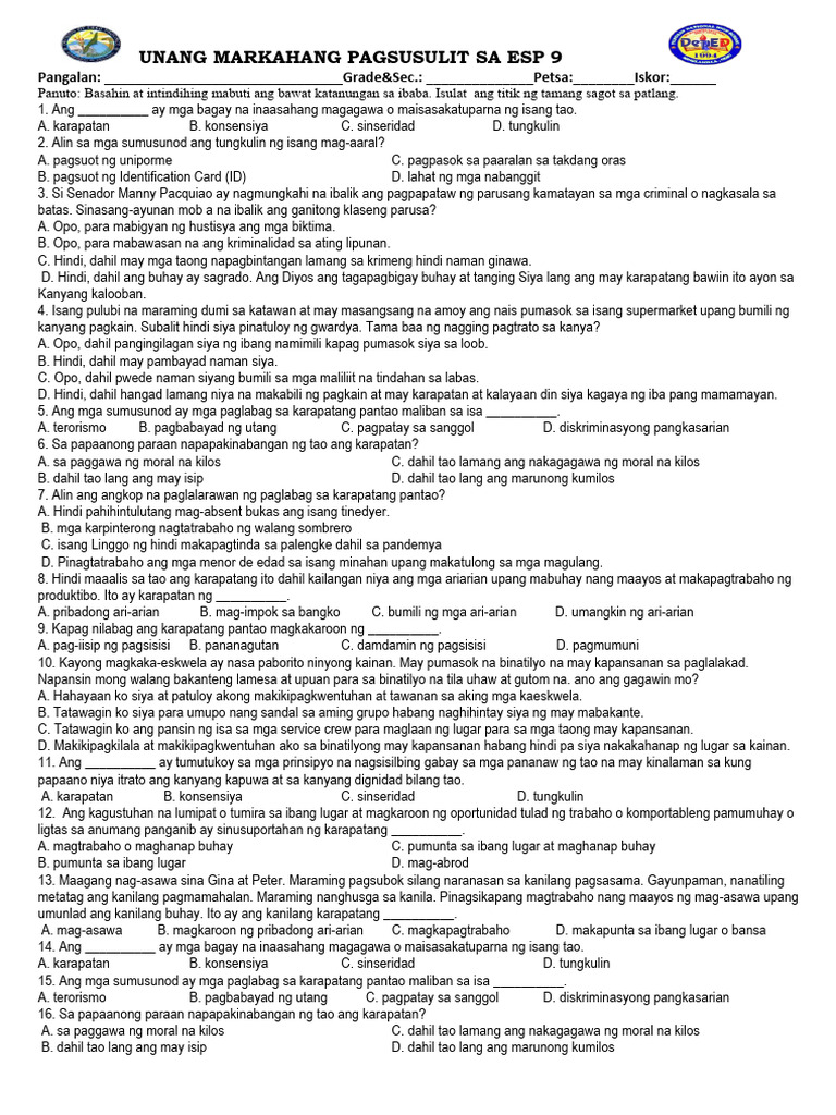 First Quarter Periodical Test in Esp9 | PDF