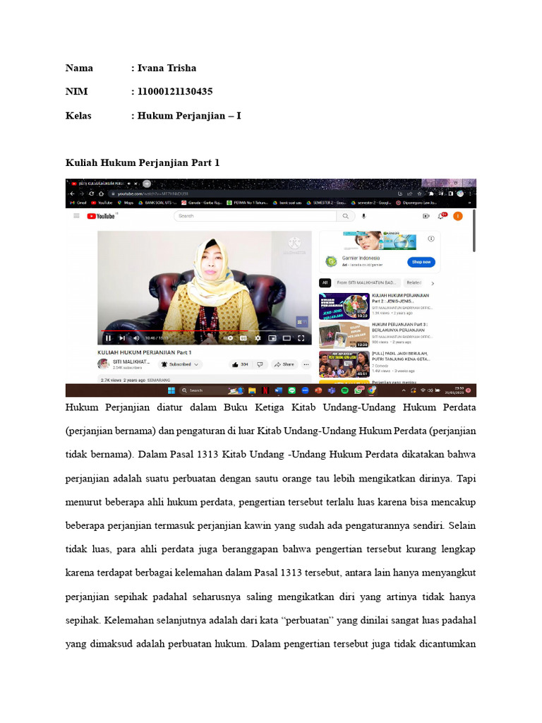 Ivana Trisha - 11000121130435 - Tugas 1 Hukum Perjanjian | PDF