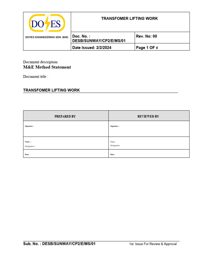 Method Statement-Transfomer Lifting Work | Download Free PDF | Transformer
