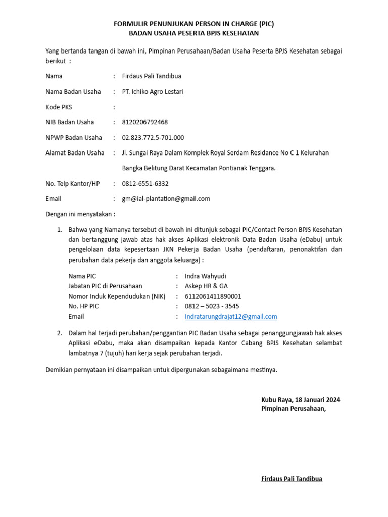 Penunjukan Person in Charge BPJS Kesehatan | PDF | Bisnis