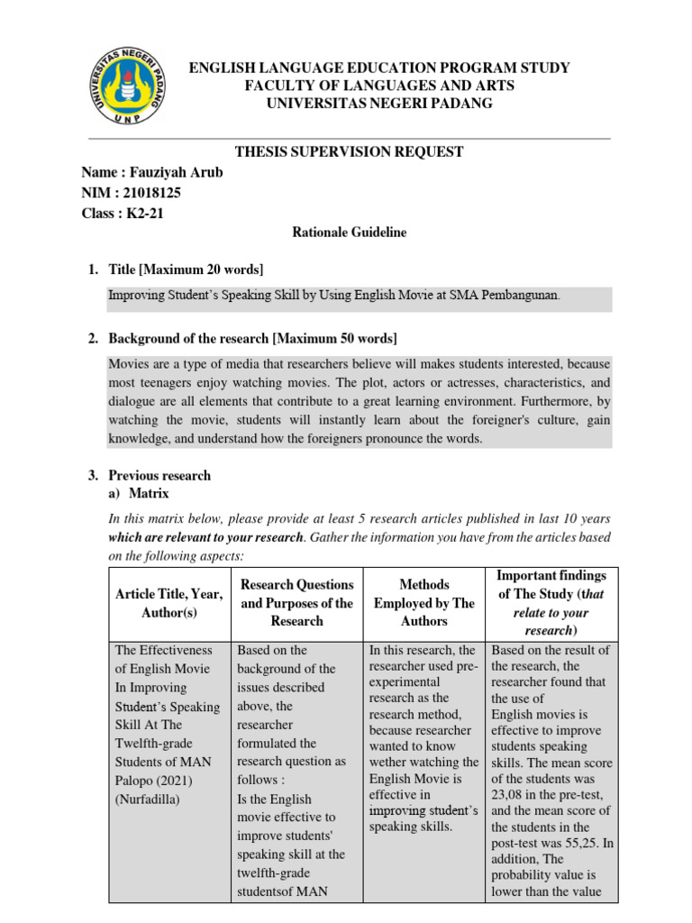 Fauziyah Arub - 21018125 (Thesis Supervision Request) | PDF | English ...