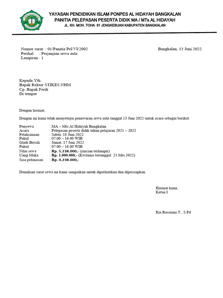 Surat Sewa Aula Versi 2 | PDF