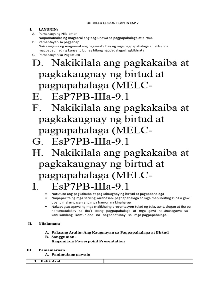 Detailed Lesson Plan in Esp 7 | PDF