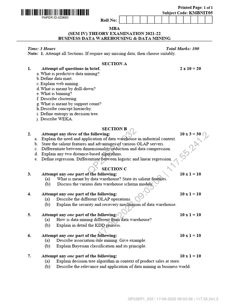 KMBNIT05 Business Data Warehousing Exam | PDF | Data Warehouse | Data ...