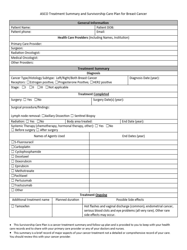 Breast Cancer Treatment Summary and Survivorship Care Plan | PDF ...