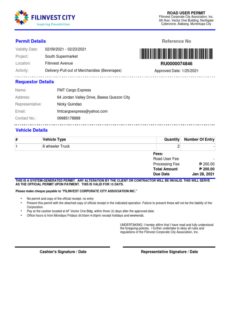 Filinvest Road User Permit Details | PDF | Service Industries
