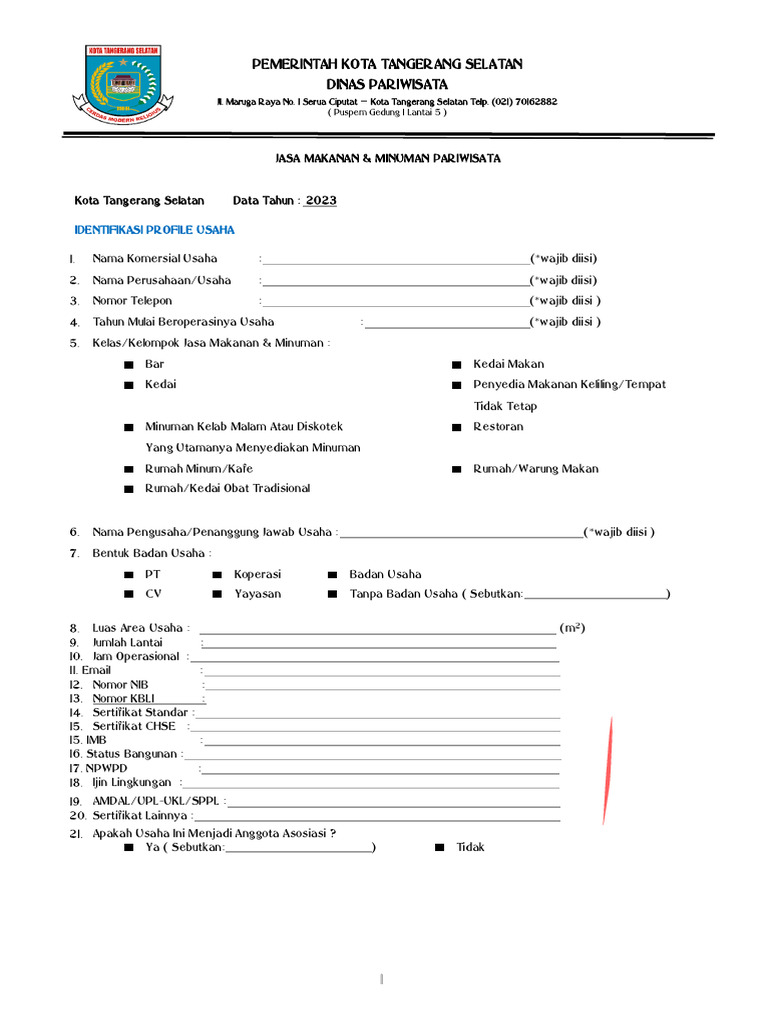Form Pendataan Restoran 2023 | PDF