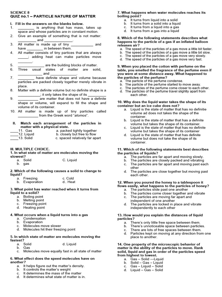 Quiz on Particle Nature of Matter | PDF | Science & Mathematics