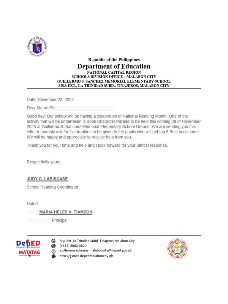 Letter of Request For Trophy | PDF