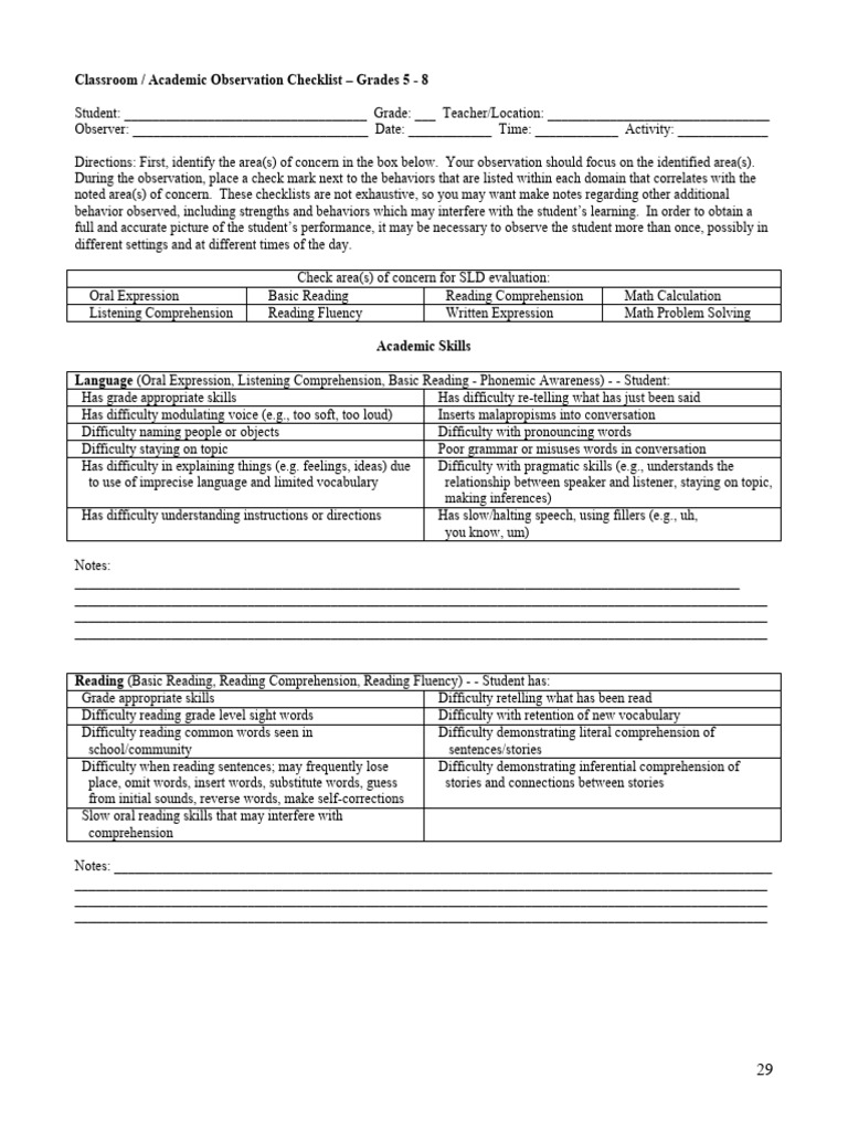 SLD Observation Grades 5-8 | PDF | Reading Comprehension | Communication